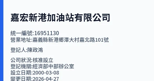 嘉宏新港加油站有限公司的照片-統編 16951130(嘉義縣) 公司登記資料與營業項目詳細圖表