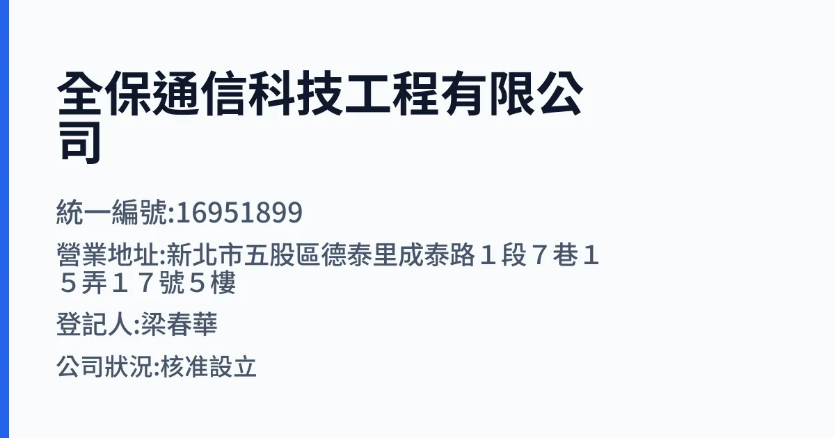 全保通信科技工程有限公司 - 統編 16951899(新北市) 公司登記資料與營業項目詳細圖表