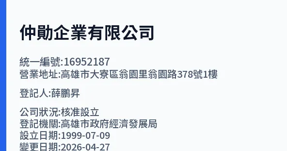 仲勛企業有限公司的照片-統編 16952187(高雄市) 公司登記資料與營業項目詳細圖表