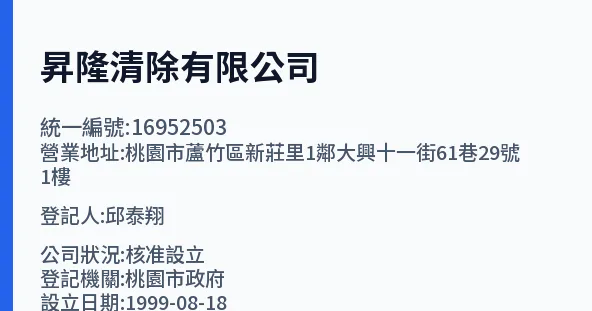 昇隆清除有限公司的照片-統編 16952503(桃園市) 公司登記資料與營業項目詳細圖表