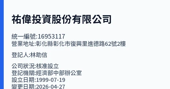 祐偉投資股份有限公司的照片-統編 16953117(彰化縣) 公司登記資料與營業項目詳細圖表