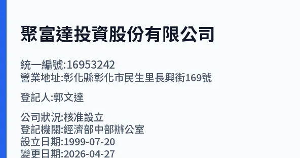 聚富達投資股份有限公司的照片-統編 16953242(彰化縣) 公司登記資料與營業項目詳細圖表