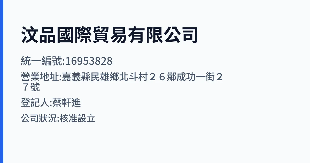 汶品國際貿易有限公司 - 統編 16953828(嘉義縣) 公司登記資料與營業項目詳細圖表