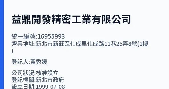 益鼎開發精密工業有限公司的照片-統編 16955993(新北市) 公司登記資料與營業項目詳細圖表