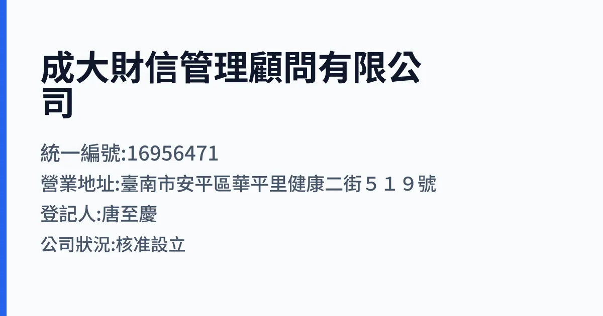成大財信管理顧問有限公司 - 統編 16956471（臺南市） 公司登記資料與營業項目詳細圖表