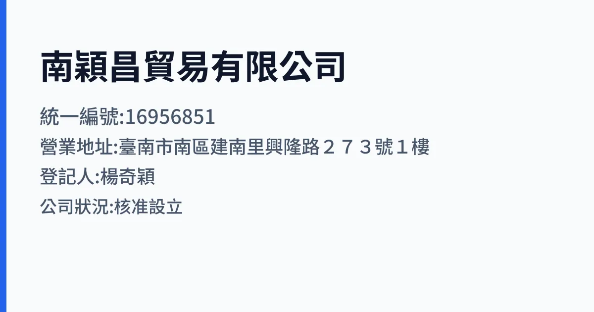 南穎昌貿易有限公司 - 統編 16956851(臺南市) 公司登記資料與營業項目詳細圖表