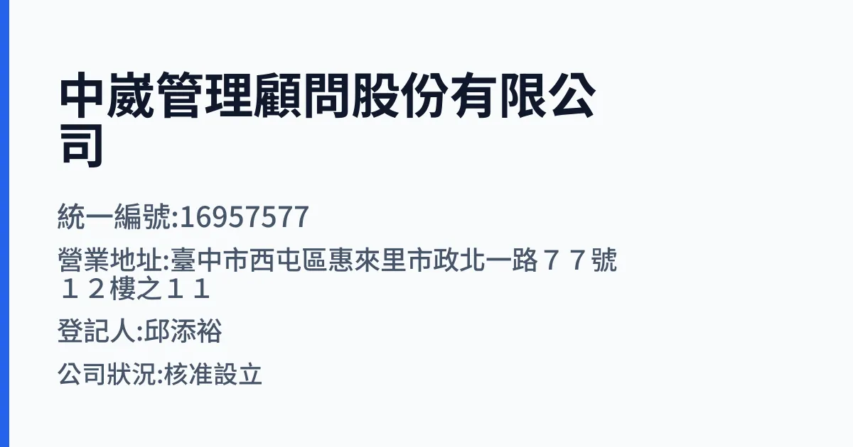中崴管理顧問股份有限公司 - 統編 16957577(臺中市) 公司登記資料與營業項目詳細圖表
