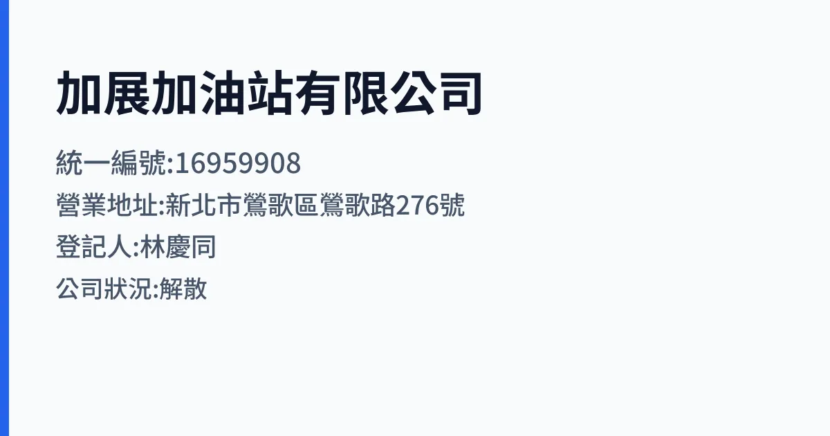 加展加油站有限公司 - 統編 16959908(新北市) 公司登記資料與營業項目詳細圖表