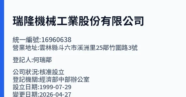 瑞隆機械工業股份有限公司的照片-統編 16960638(雲林縣) 公司登記資料與營業項目詳細圖表