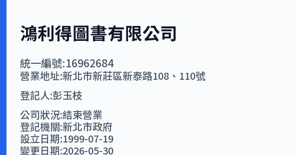 鴻利得圖書有限公司的照片-統編 16962684(新北市) 公司登記資料與營業項目詳細圖表