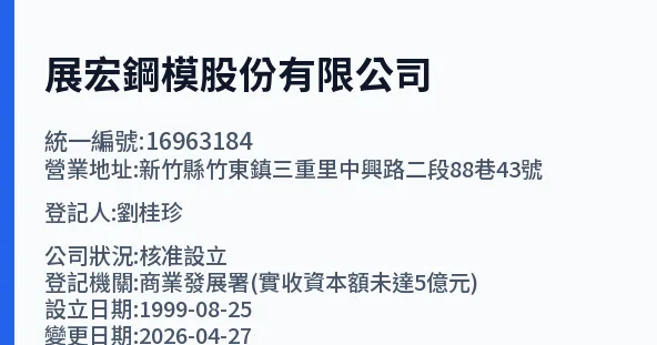 展宏鋼模股份有限公司的照片-統編 16963184(新竹縣) 公司登記資料與營業項目詳細圖表