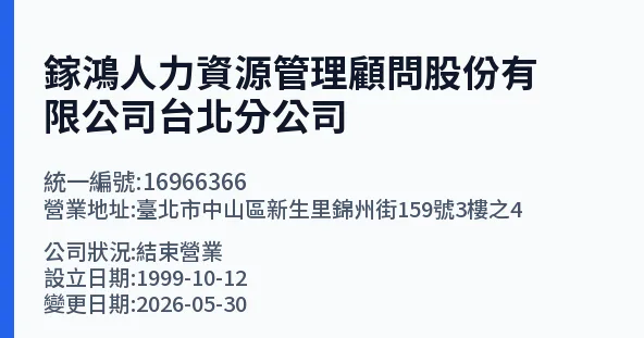 鎵鴻人力資源管理顧問股份有限公司台北分公司的照片-統編 16966366(臺北市) 公司登記資料與營業項目詳細圖表