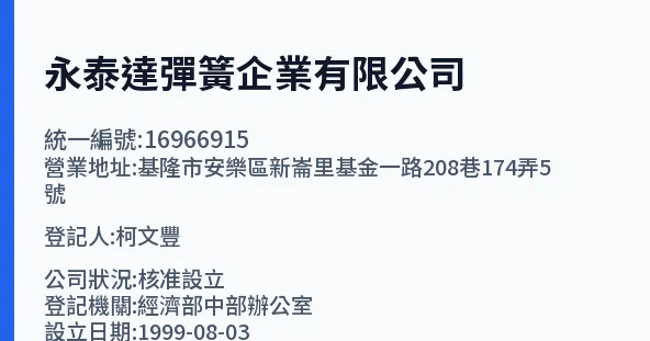 永泰達彈簧企業有限公司的照片-統編 16966915(基隆市) 公司登記資料與營業項目詳細圖表