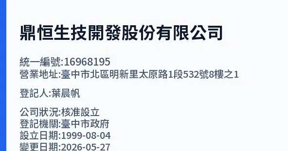 鼎恒生技開發股份有限公司的照片-統編 16968195(臺中市) 公司登記資料與營業項目詳細圖表