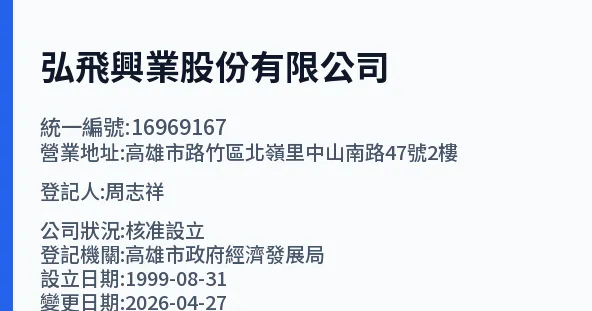弘飛興業股份有限公司的照片-統編 16969167(高雄市) 公司登記資料與營業項目詳細圖表