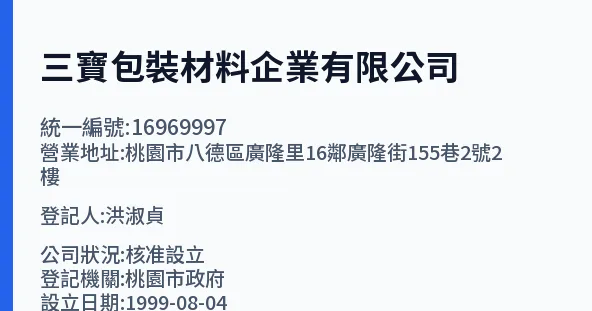 三寶包裝材料企業有限公司的照片-統編 16969997(桃園市) 公司登記資料與營業項目詳細圖表