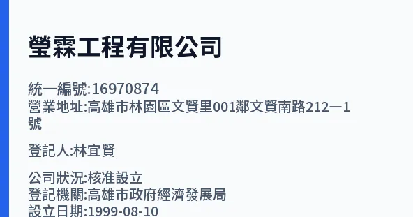 瑩霖工程有限公司的照片-統編 16970874(高雄市) 公司登記資料與營業項目詳細圖表