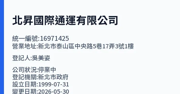 北昇國際通運有限公司的照片-統編 16971425(新北市) 公司登記資料與營業項目詳細圖表