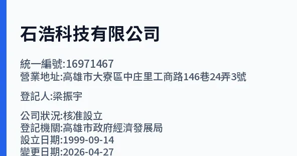 石浩科技有限公司的照片-統編 16971467(高雄市) 公司登記資料與營業項目詳細圖表