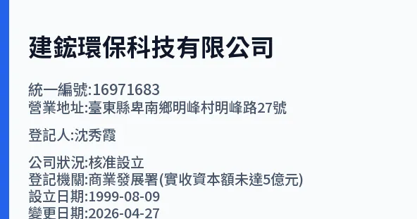 建鋐環保科技有限公司的照片-統編 16971683(臺東縣) 公司登記資料與營業項目詳細圖表
