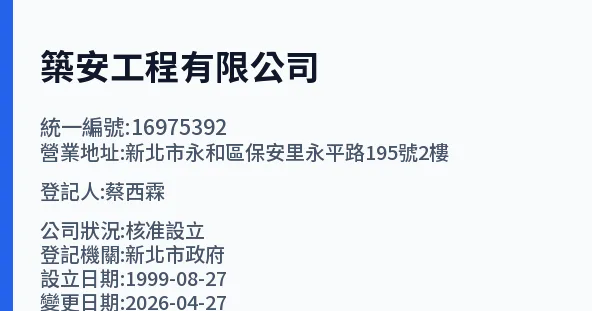 築安工程有限公司的照片-統編 16975392(新北市) 公司登記資料與營業項目詳細圖表