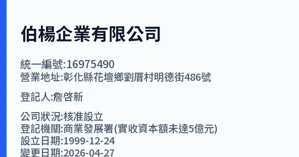 伯楊企業有限公司的照片-統編 16975490(彰化縣) 公司登記資料與營業項目詳細圖表