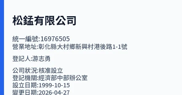 松錳有限公司的照片-統編 16976505(彰化縣) 公司登記資料與營業項目詳細圖表