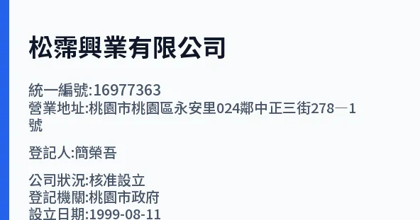 松霈興業有限公司的照片-統編 16977363(桃園市) 公司登記資料與營業項目詳細圖表