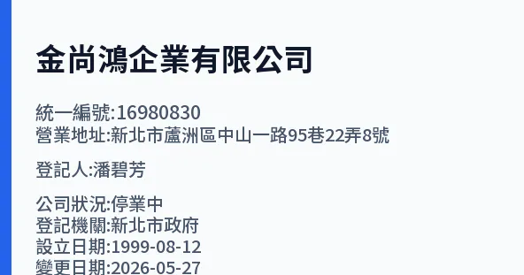 金尚鴻企業有限公司的照片-統編 16980830(新北市) 公司登記資料與營業項目詳細圖表