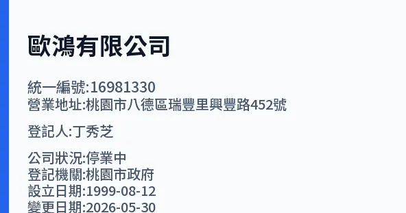 歐鴻有限公司的照片-統編 16981330(桃園市) 公司登記資料與營業項目詳細圖表