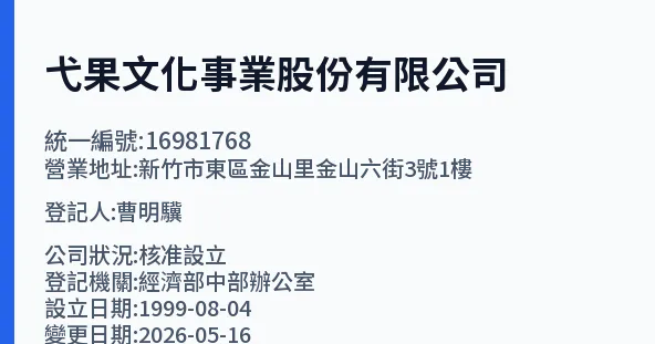 弋果文化事業股份有限公司的照片-統編 16981768(新竹市) 公司登記資料與營業項目詳細圖表