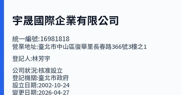 宇晟國際企業有限公司的照片-統編 16981818(臺北市) 公司登記資料與營業項目詳細圖表