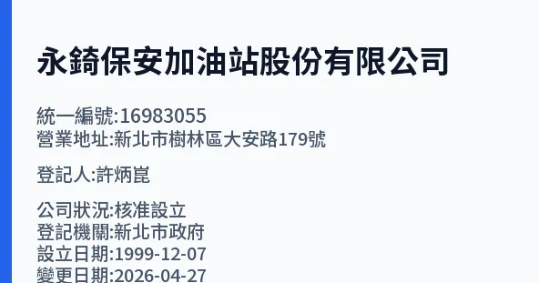永錡保安加油站股份有限公司的照片-統編 16983055(新北市) 公司登記資料與營業項目詳細圖表