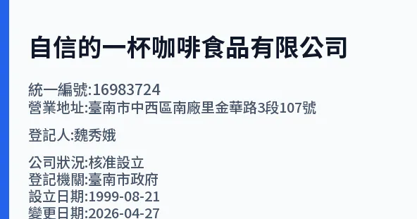 自信的一杯咖啡食品有限公司的照片-統編 16983724(臺南市) 公司登記資料與營業項目詳細圖表