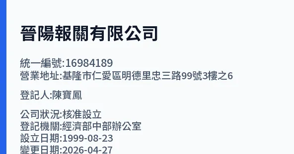 晉陽報關有限公司的照片-統編 16984189(基隆市) 公司登記資料與營業項目詳細圖表