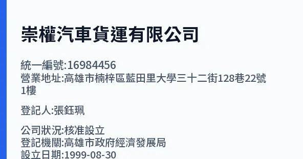 崇權汽車貨運有限公司的照片-統編 16984456(高雄市) 公司登記資料與營業項目詳細圖表