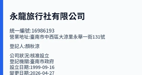 永龍旅行社有限公司的照片-統編 16986193(臺南市) 公司登記資料與營業項目詳細圖表