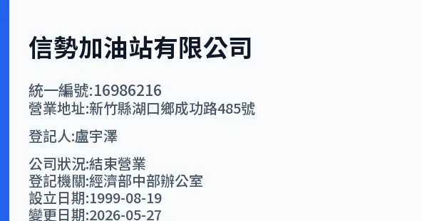 信勢加油站有限公司的照片-統編 16986216(新竹縣) 公司登記資料與營業項目詳細圖表