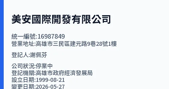 美安國際開發有限公司的照片-統編 16987849(高雄市) 公司登記資料與營業項目詳細圖表