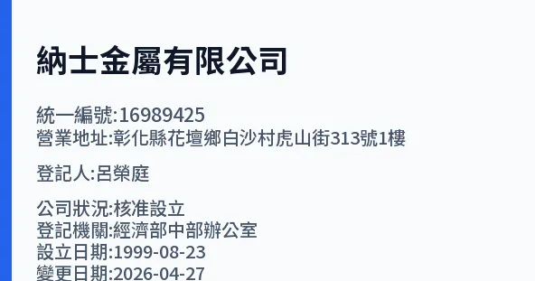 納士金屬有限公司的照片-統編 16989425(彰化縣) 公司登記資料與營業項目詳細圖表