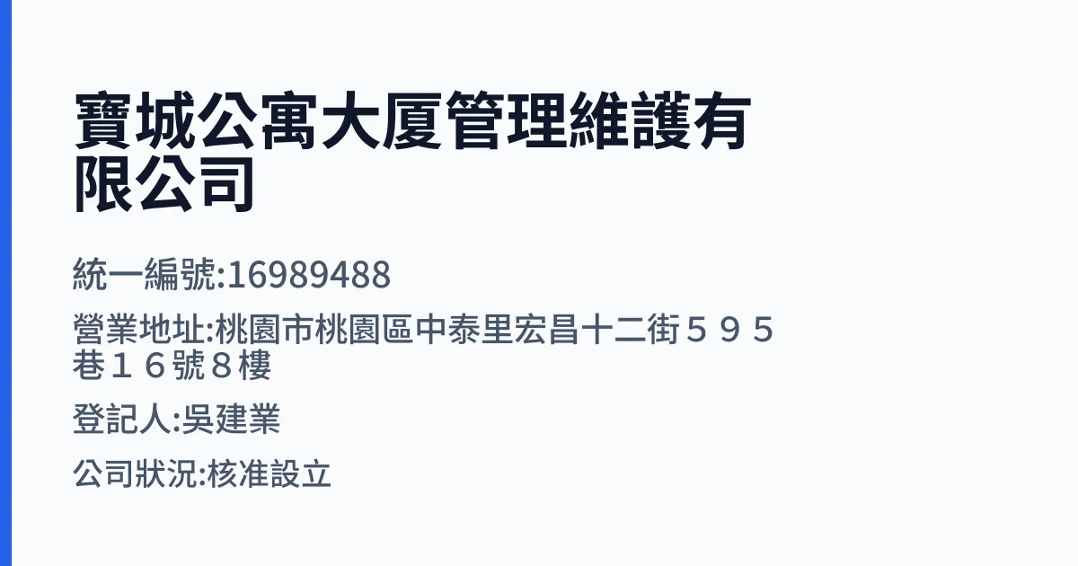 寶城公寓大厦管理維護有限公司 - 統編 16989488(桃園市) 公司登記資料與營業項目詳細圖表
