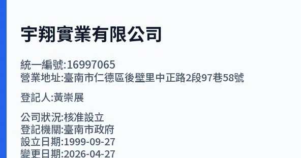 宇翔實業有限公司的照片-統編 16997065(臺南市) 公司登記資料與營業項目詳細圖表