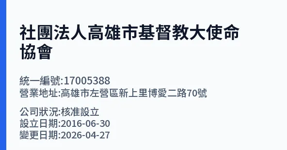 社團法人高雄市基督教大使命協會的照片-統編 17005388(高雄市) 公司登記資料與營業項目詳細圖表