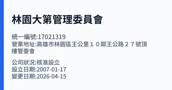 林園大第管理委員會的照片-統編 17021319(高雄市) 公司登記資料與營業項目詳細圖表