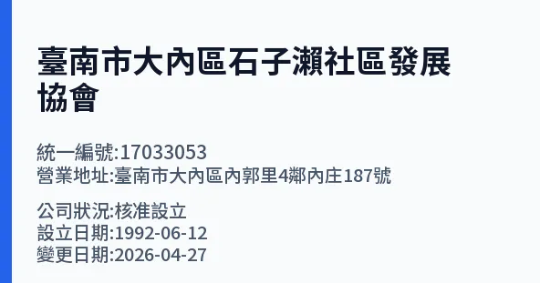 臺南市大內區石子瀨社區發展協會的照片-統編 17033053(臺南市) 公司登記資料與營業項目詳細圖表