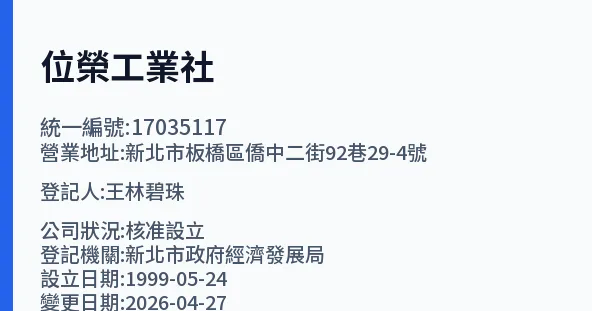 位榮工業社的照片-統編 17035117(新北市) 公司登記資料與營業項目詳細圖表