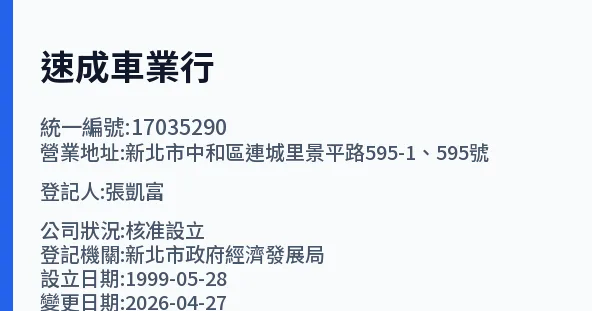 速成車業行的照片-統編 17035290(新北市) 公司登記資料與營業項目詳細圖表