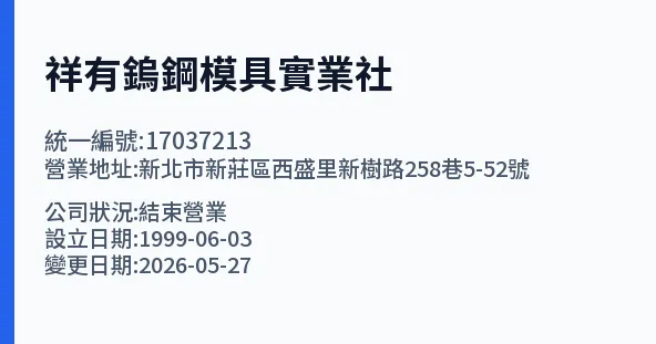 祥有鎢鋼模具實業社的照片-統編 17037213(新北市) 公司登記資料與營業項目詳細圖表