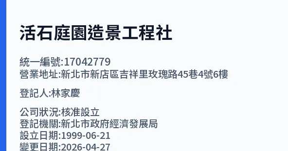 活石庭園造景工程社的照片-統編 17042779(新北市) 公司登記資料與營業項目詳細圖表