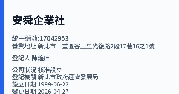 安舜企業社的照片-統編 17042953(新北市) 公司登記資料與營業項目詳細圖表
